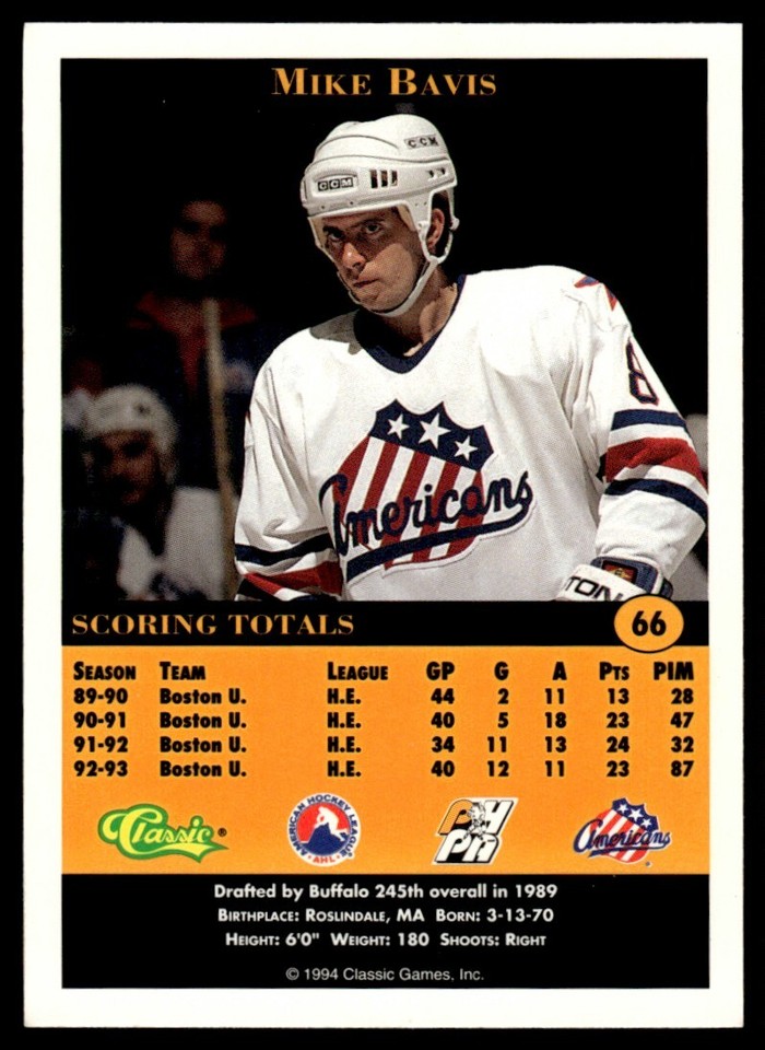 1994-95 Classic Pro Hockey Prospects MIKE BAVIS #66 Rochester Americans ...