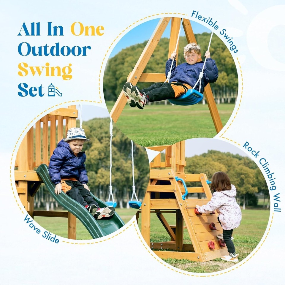 Robud Kids Wooden Swing Set Playground Outdoor Cedar Playhouse Backyard ...