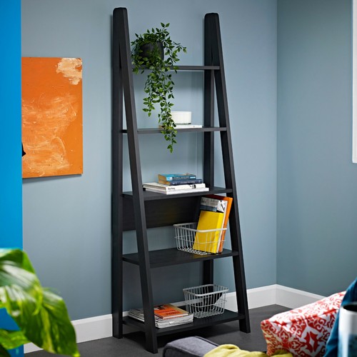 Black Step Ladder Shelving Unit 5 Tier Leaning Bookshelf Storage ...