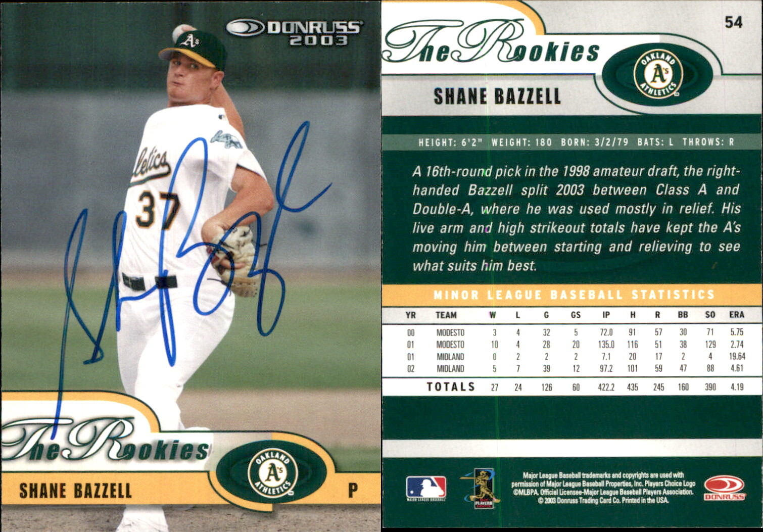 Shane Bazzell Signed 2003 Donruss Rookies & Traded #54 Oakland ...