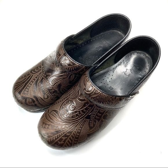 Dansko Brown Tooled Leather Slip-On Clogs Size 39 - Gem