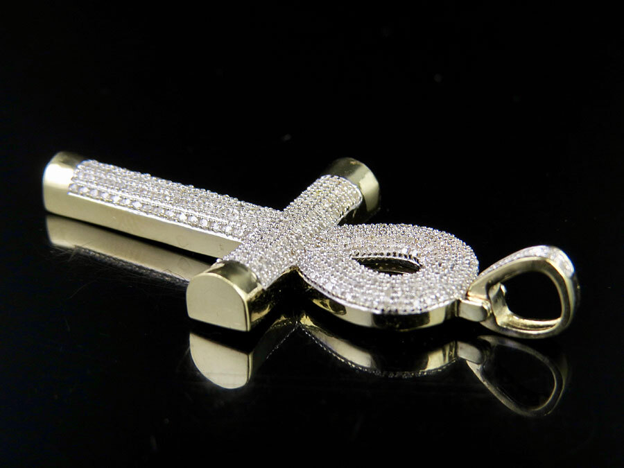 Men's 10K Yellow Gold Puff Ankh Cross Genuine Diamond Pendant 0.55 Ct 1 ...
