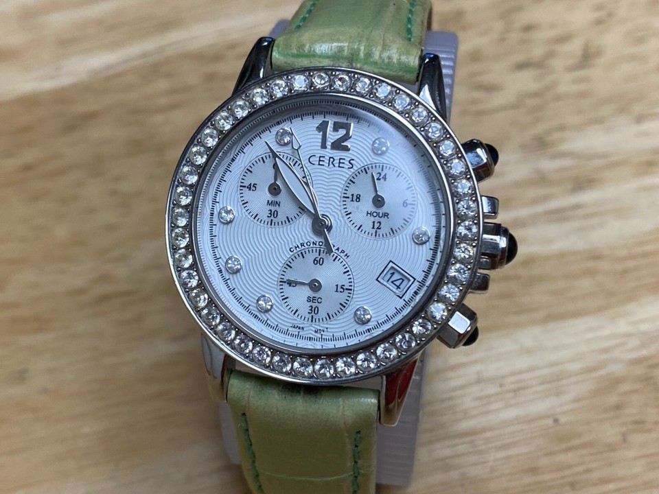 CERES Lady 30m Silver Rhinestone Leather Analog Quartz Chronograph ...