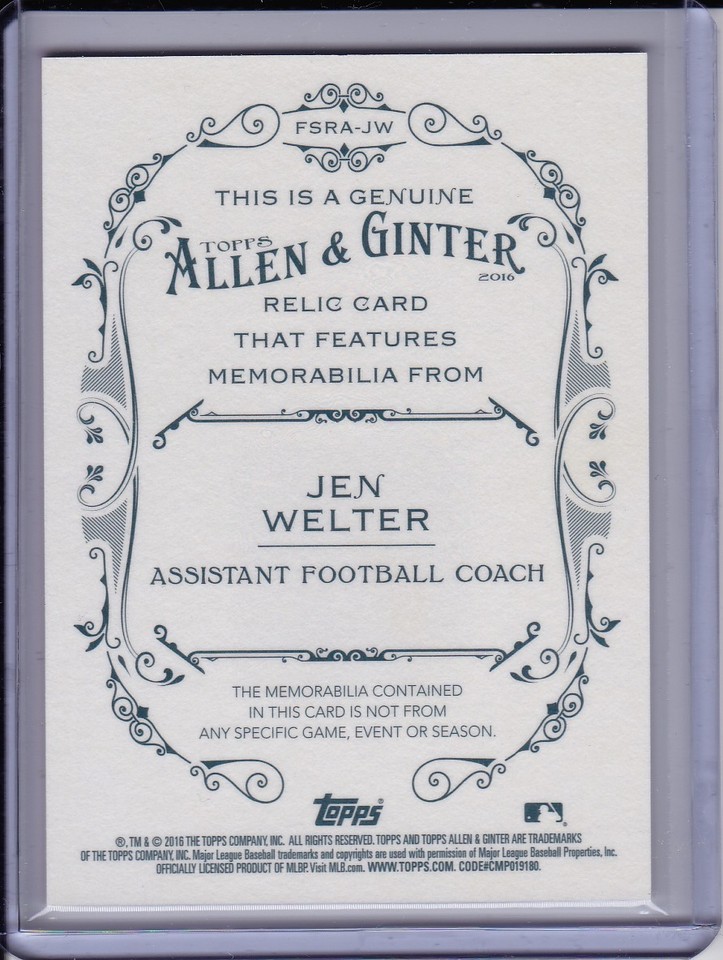 Jen Welter 2016 Topps Allen & Ginter Memorabilia Relic Card FSRA-JW | eBay