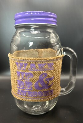Country Drinking Jar, Burlap "Wake Up & Be Awesome" Wrap, Purple Lid | eBay