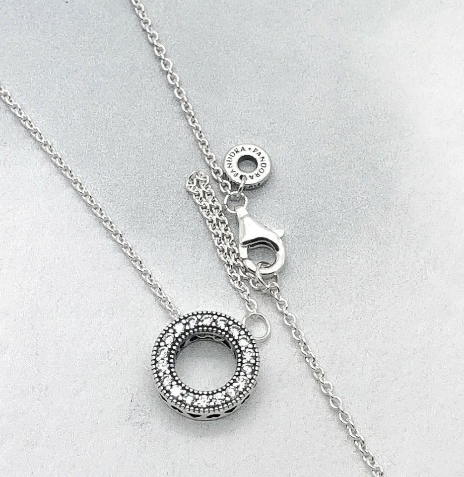 NEW PANDORA 925 Silver Circle of Sparkle Hearts Pendant Necklace ...
