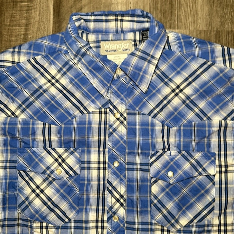 Wrangler Wrancher Western Long Sleeve Pearl Snap Button Shirt - Large ...
