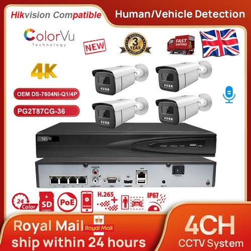 UK Hikvision Compatible 4CH 4POE CCTV System 4K 8MP Full Color MIC IP ...
