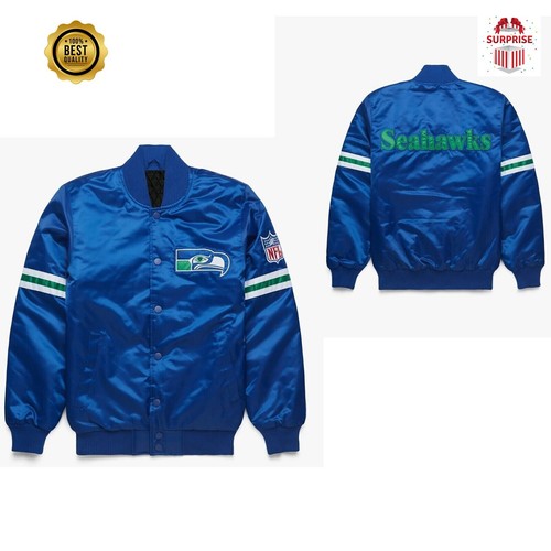 Men's Blue Satin Bomber Style Letterman Seattle Seahawks Varsity Custom ...