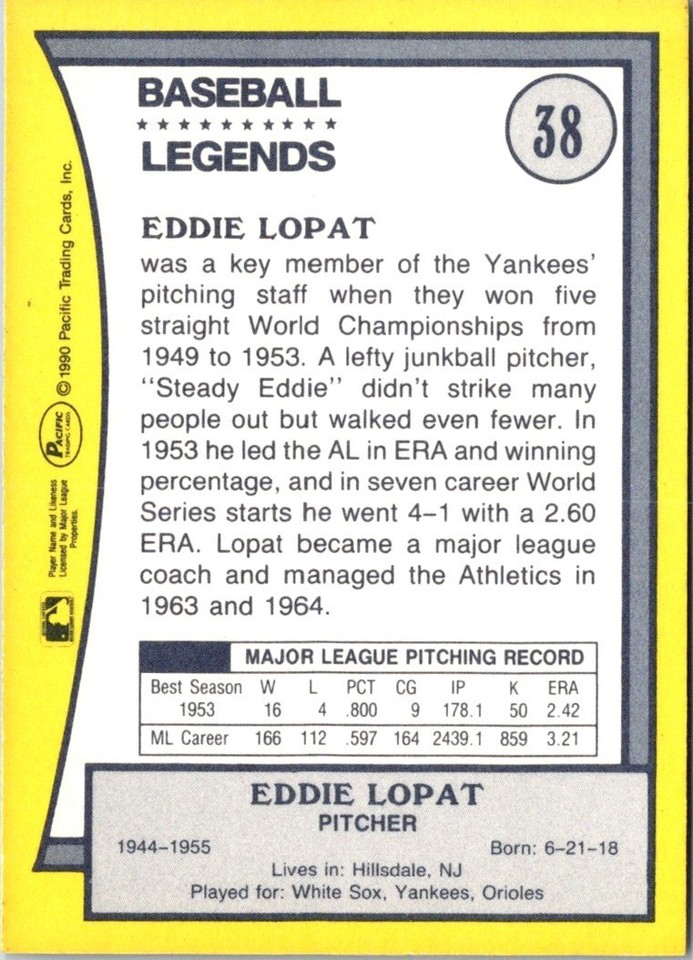 1990 Pacific Legends Ed Lopat #38 New York Yankees Baseball Card | eBay