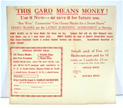 Vintage Chandler Distributor Honey Razor Blades Mail In Order Coupon St ...