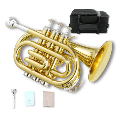 Brass Bb Pocket Trumpet with Case,Mouthpiece, Cleaning Cloth Musical ...
