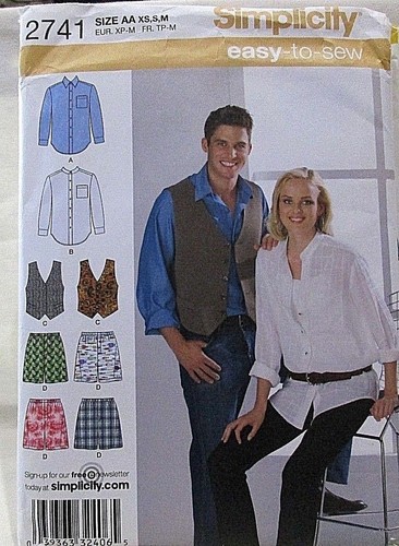 Simplicity Pattern 2741 Sizes XS - M Misses Mens Teens Shirt Vest Boxer ...