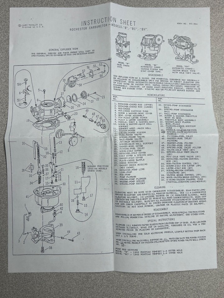 1955-56 CARB KIT ROCHESTER BC MODEL 1 BARREL CANADIAN PONTIAC 261" 4.3L ...
