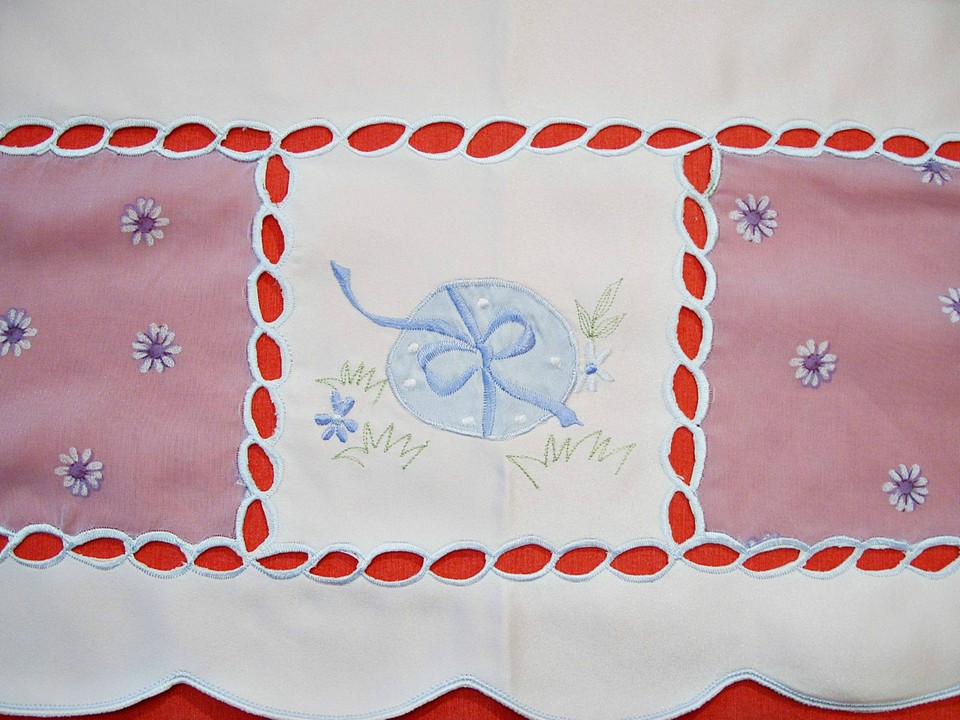 VINTAGE AUTHENTIC EASTER EGGS ART CUT EMBROIDERY CHIFFON WHITE BLUE ...