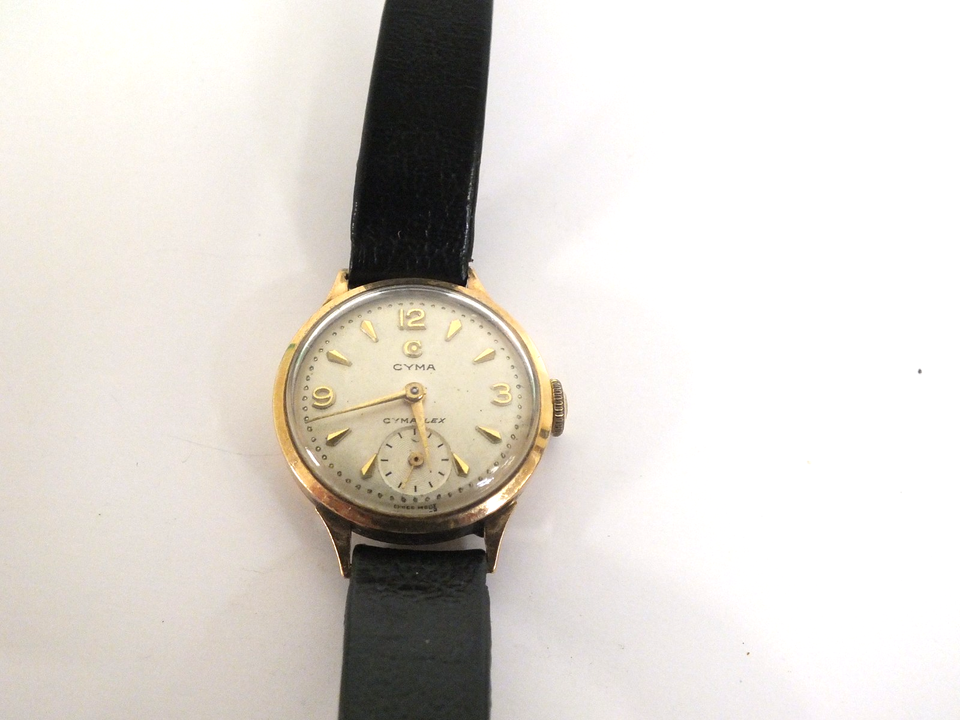 9ct Gold Cased Vintage Cyma Cymaflex Watch Black Leather Strap (Hea ...