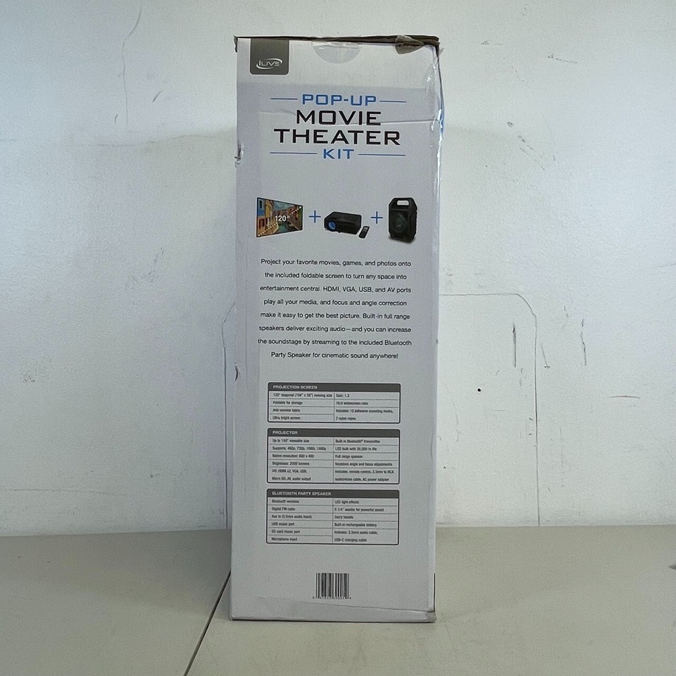 iLive Pop Up Movie Theater Kit w/ Screen. Projector & Speaker ...