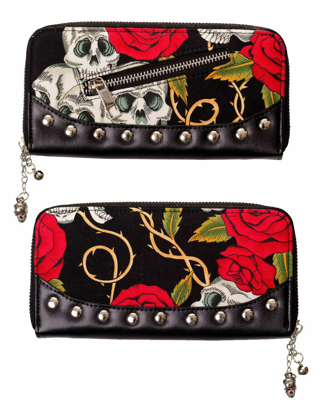 Banned Skull Roses Stud Zip Handbag Shoulder Bag & Wallet Gift Set Goth ...