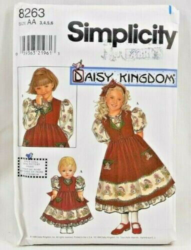 1998 Simplicity Sewing Pattern 8263 Girls Dress Pinafore 3-6 18" Doll ...