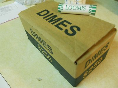 One Box (50 Rolls $250) Unsearched Roosevelt Dimes, Bank Rolled, Denver ...