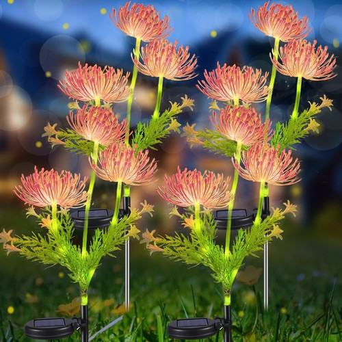 Solar Flowers Outdoor Waterproof, 4 Pack 12 Heads Pink Garden Solar ...
