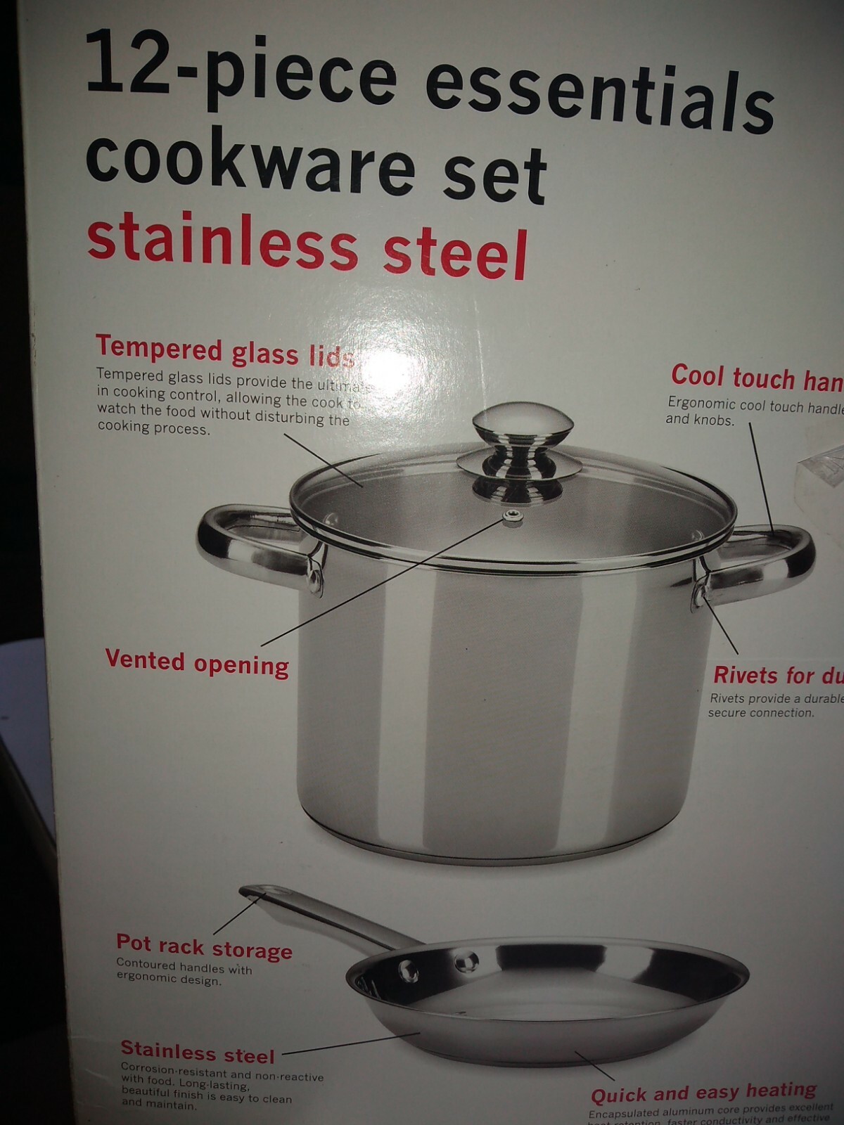 Cooks Essentials Stainless Steel 12-Piece Set Stockpot Saucepan Skillet ...