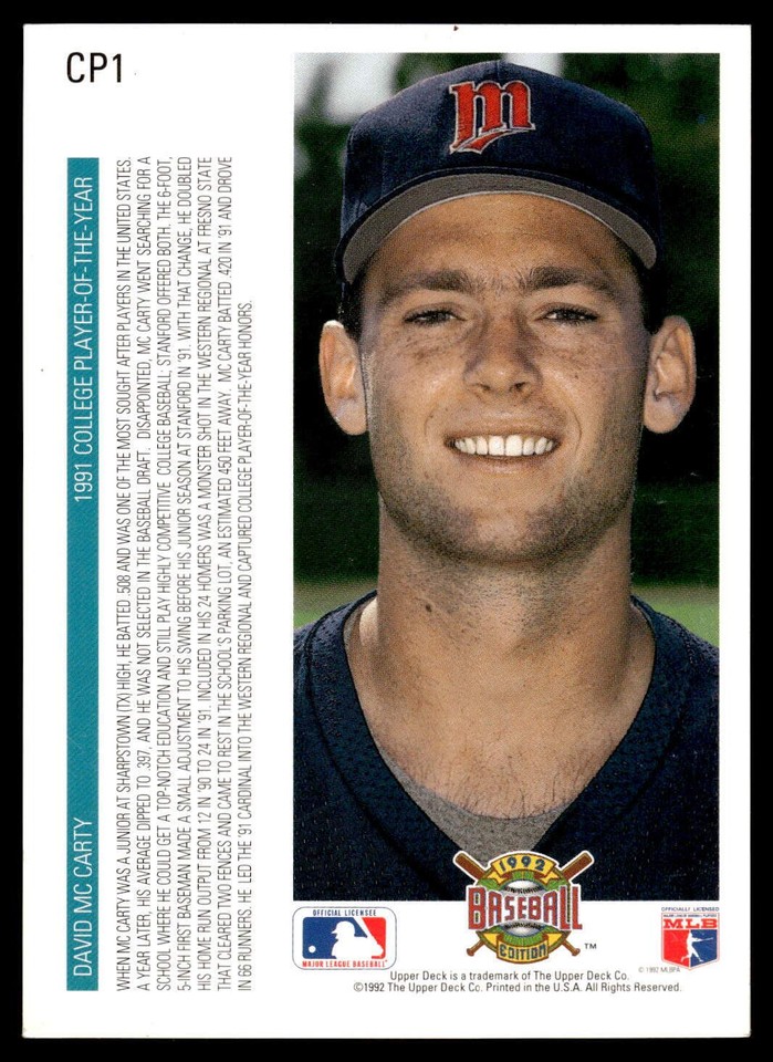 1992 Upper Deck #CP1 David McCarty College Player of the Year Holograms ...