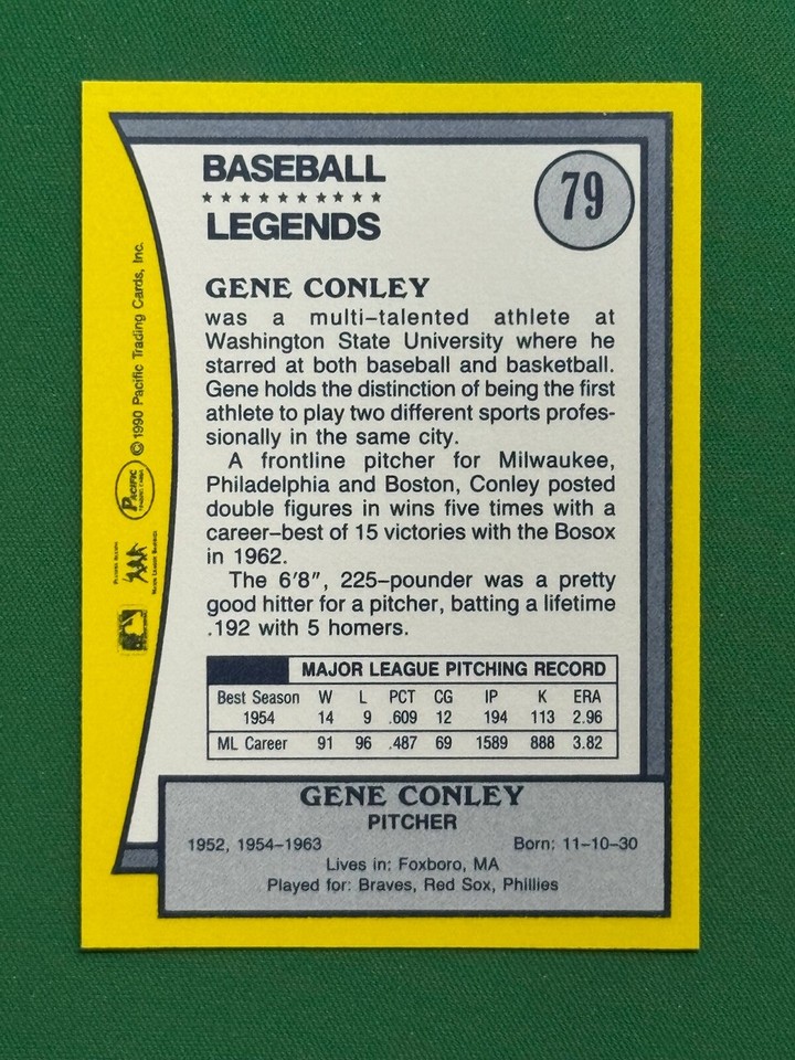 1990 Pacific Legends Baseball #79 Gene Conley | eBay