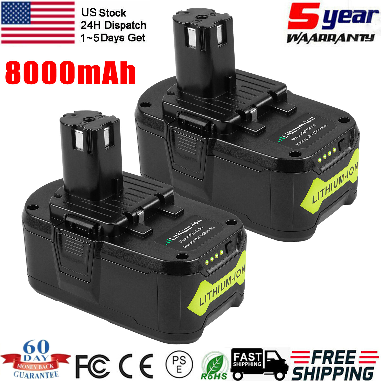 2X 8000mAh For RYOBI P108 18V High Capacity Battery 18Volt Lithium-Ion ...
