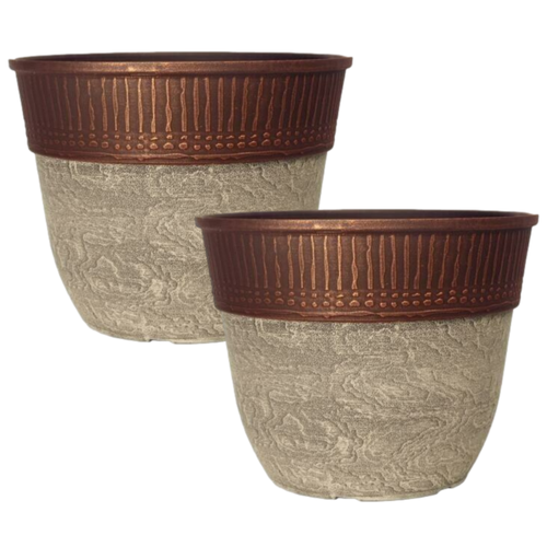 Planters Set of 2 Stone Look Copper Rim Plastic Plant Pot 38cm 23L ...