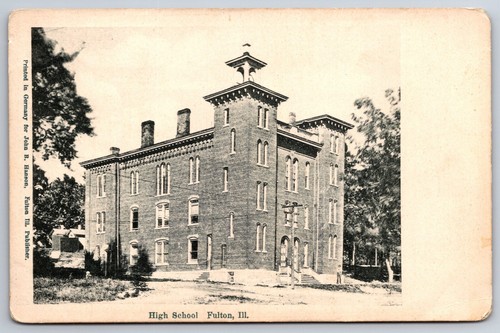 Fulton Illinois~Man by Steps~Brick, Italianate High School Building B&W ...