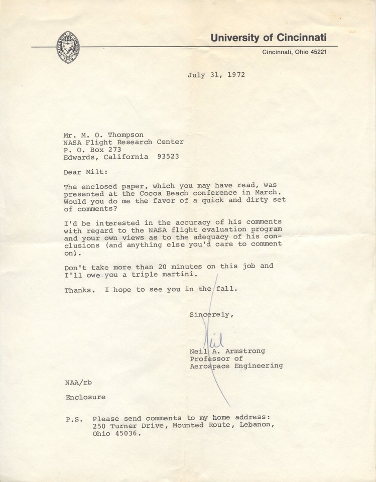 NEIL ARMSTRONG Typed Letter Signed NASA Apollo 11 Autographed Milt ...