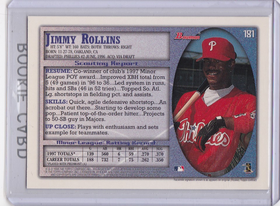JIMMY ROLLINS Philadelphia PHILLIES ROOKIE CARD 1998 Bowman Baseball ...