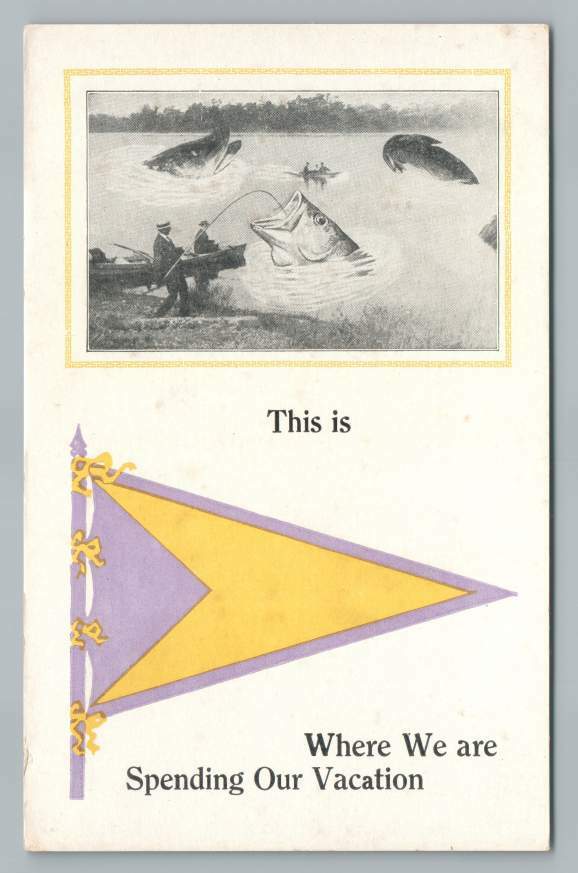 Fishing Exaggeration Postcard w Blank Pennant "Our Vacation" Antique ...
