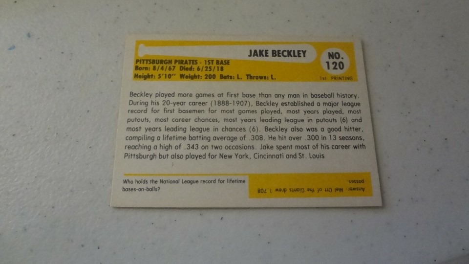 1980 SSPC # 120 BASEBALL'S IMMORTALS JAKE BECKLEY BASEBALL CARD | eBay