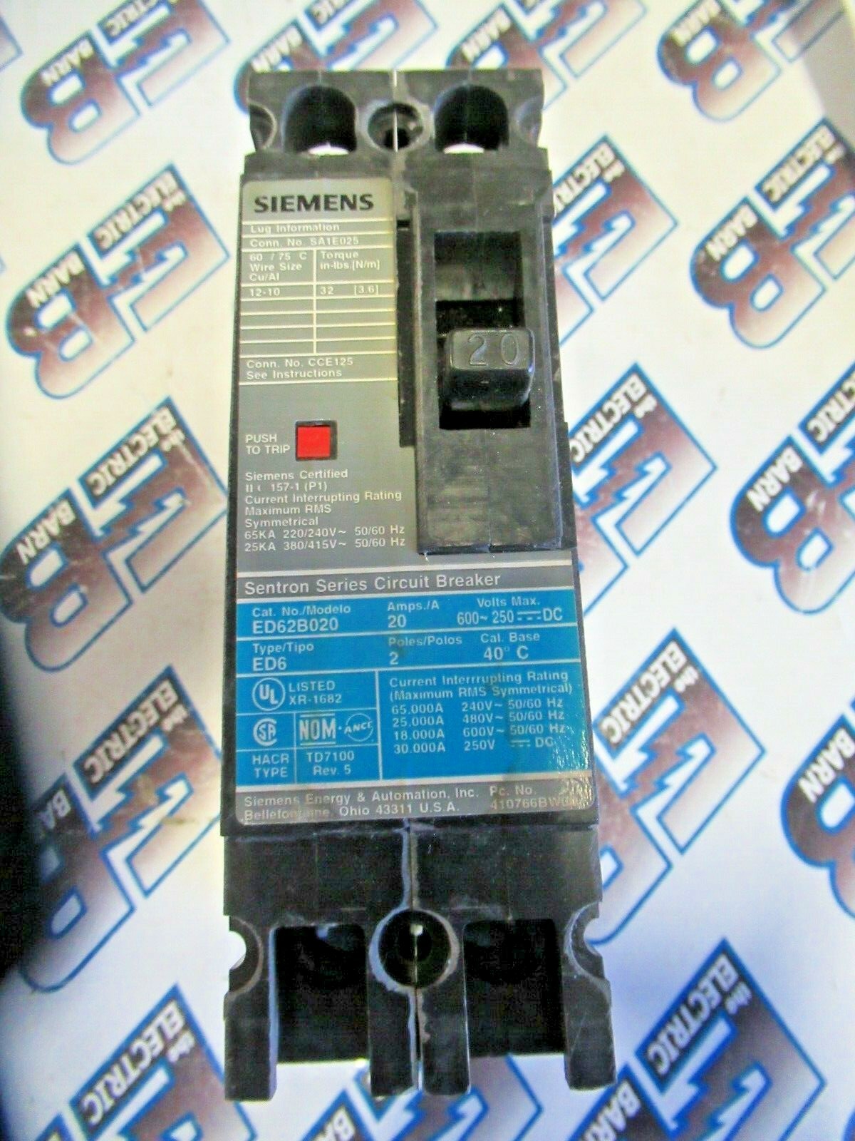 Siemens ED62B020, 20 Amp, 600 Volt, 2 Pole, Bolt On, Circuit Breaker ...