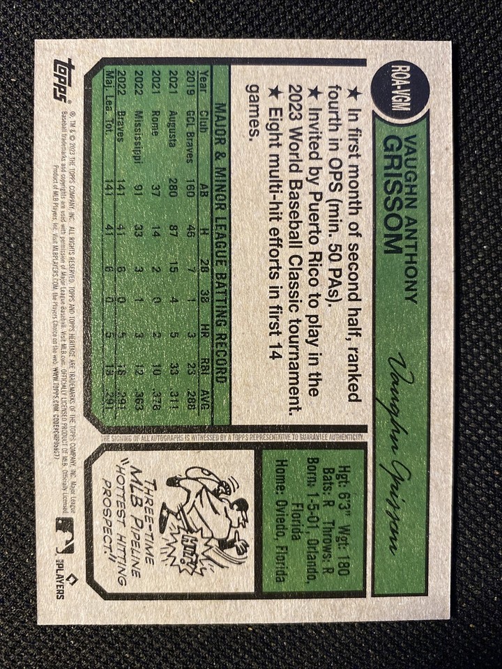 Vaughn Grissom 2023 Topps Heritage Real One Auto #ROA-VGM RC FREE ...