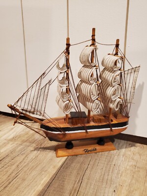 Vintage Miniature Wood Model Tall Sailing Ship Fabric Sails Sailboat ...