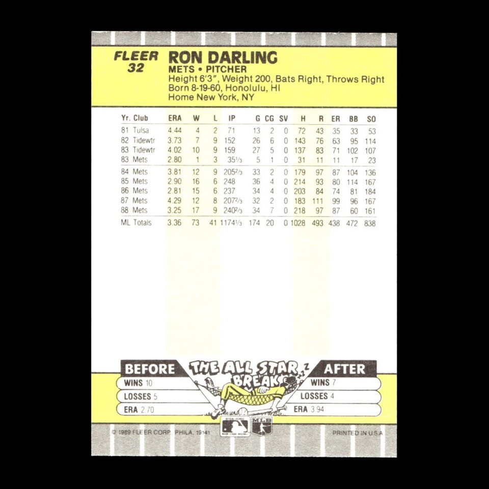 Ron Darling 1989 Fleer New York Mets #32 R322C 32 | eBay
