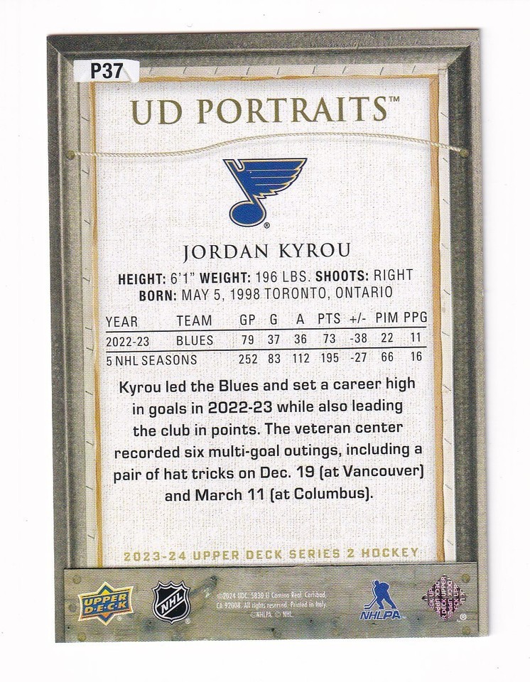 2023-24 UPPER DECK SERIES 2 HOCKEY JORDAN KYROU UD PORTRAITS CARD P37 ...