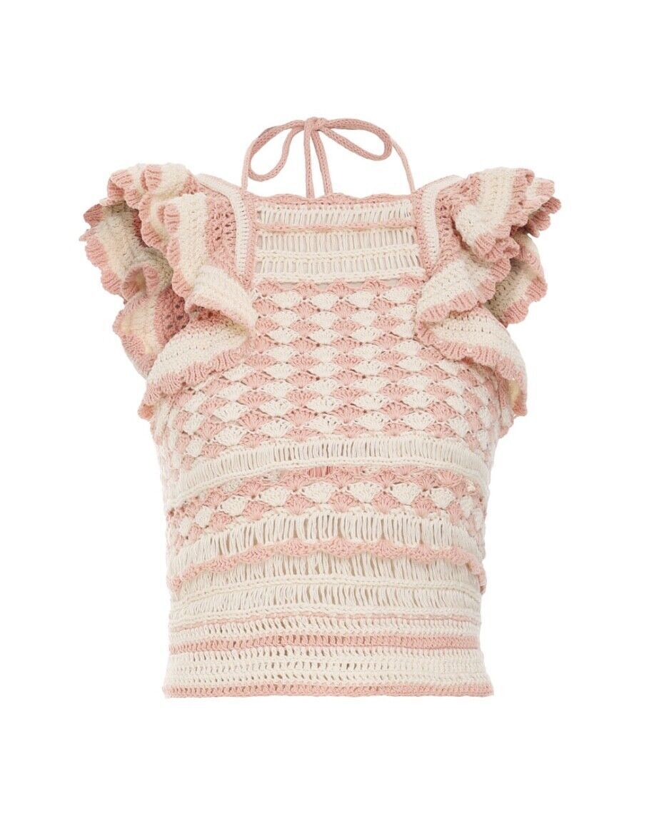 Zimmermann Clover Crochet Halter Tank | Crop Top, Pink Cream Zimmermann Clover Crochet Halter Tank | Crop Top, Pink Cream
