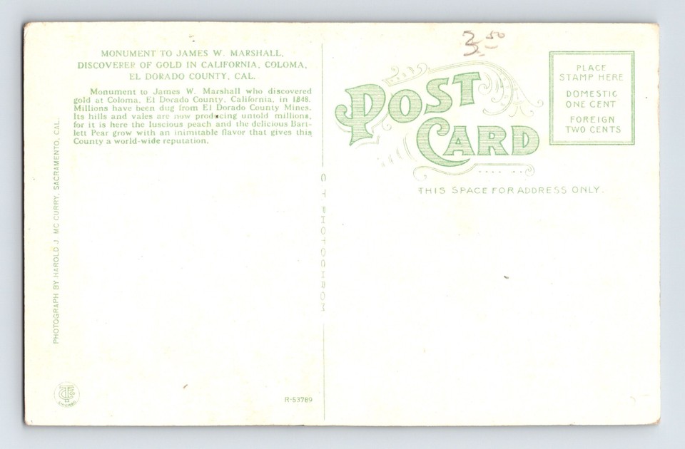 Postcard California Coloma CA James Marshall Monument 1910s Unposted ...