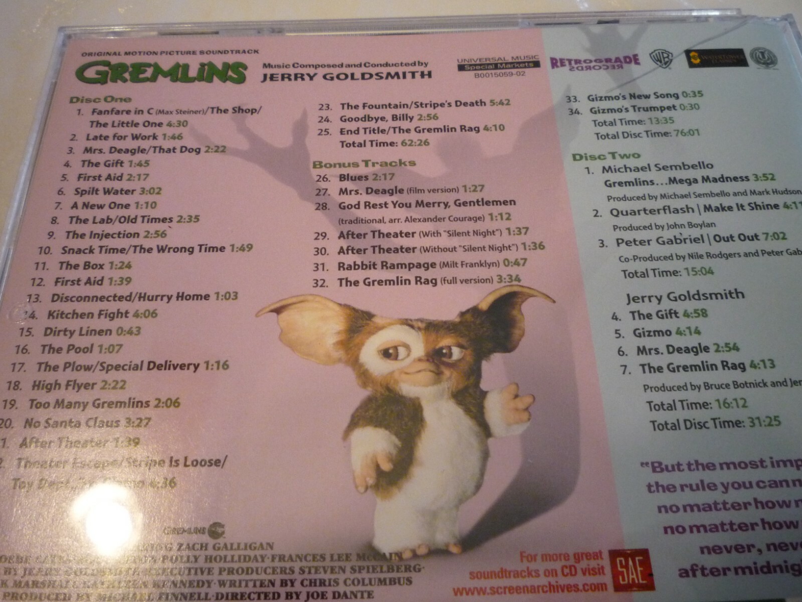 GREMLINS Soundtrack 2-CD, Jerry Goldsmith, Retrograde-FSM 80130-2 ...