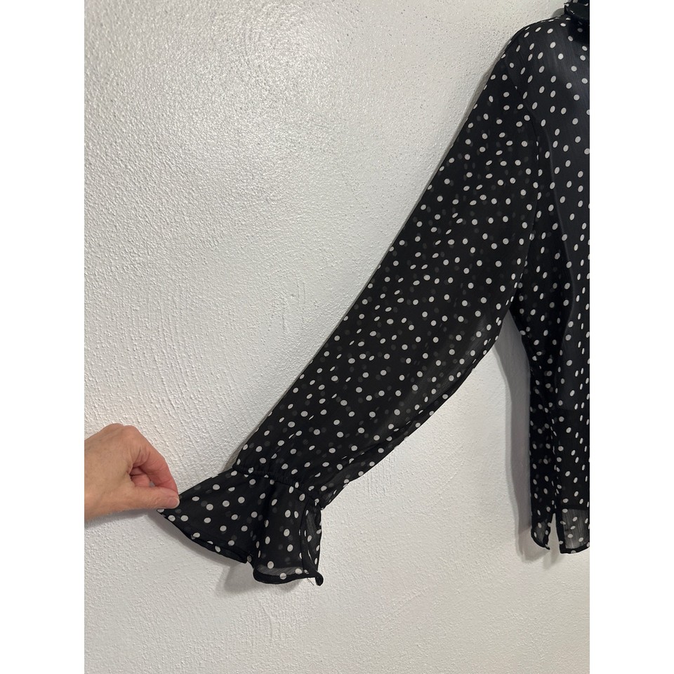 VTG Sheer Polka Dot Bell Sleeve Blouse M Black White Coquette Trendy ...