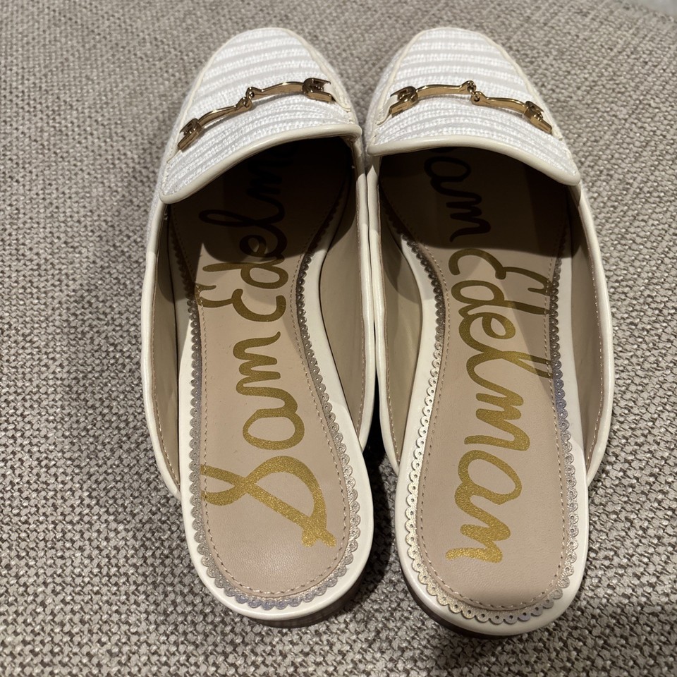 Sam Edelman Linnie Mules Womens Size 8.5White Fabric Gold Bit Flat Slip On Shoes | eBay