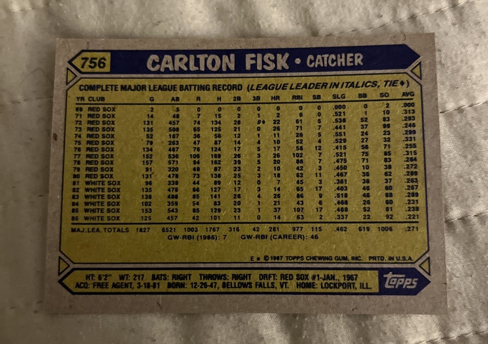 1987 Topps Carlton Fisk Baseball Card #756 White Sox Catcher NM | eBay