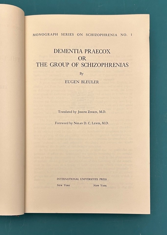 Psychiatry, Dementia Praecox & Schizophrenias, E. Bleuler, 7th Pr ...