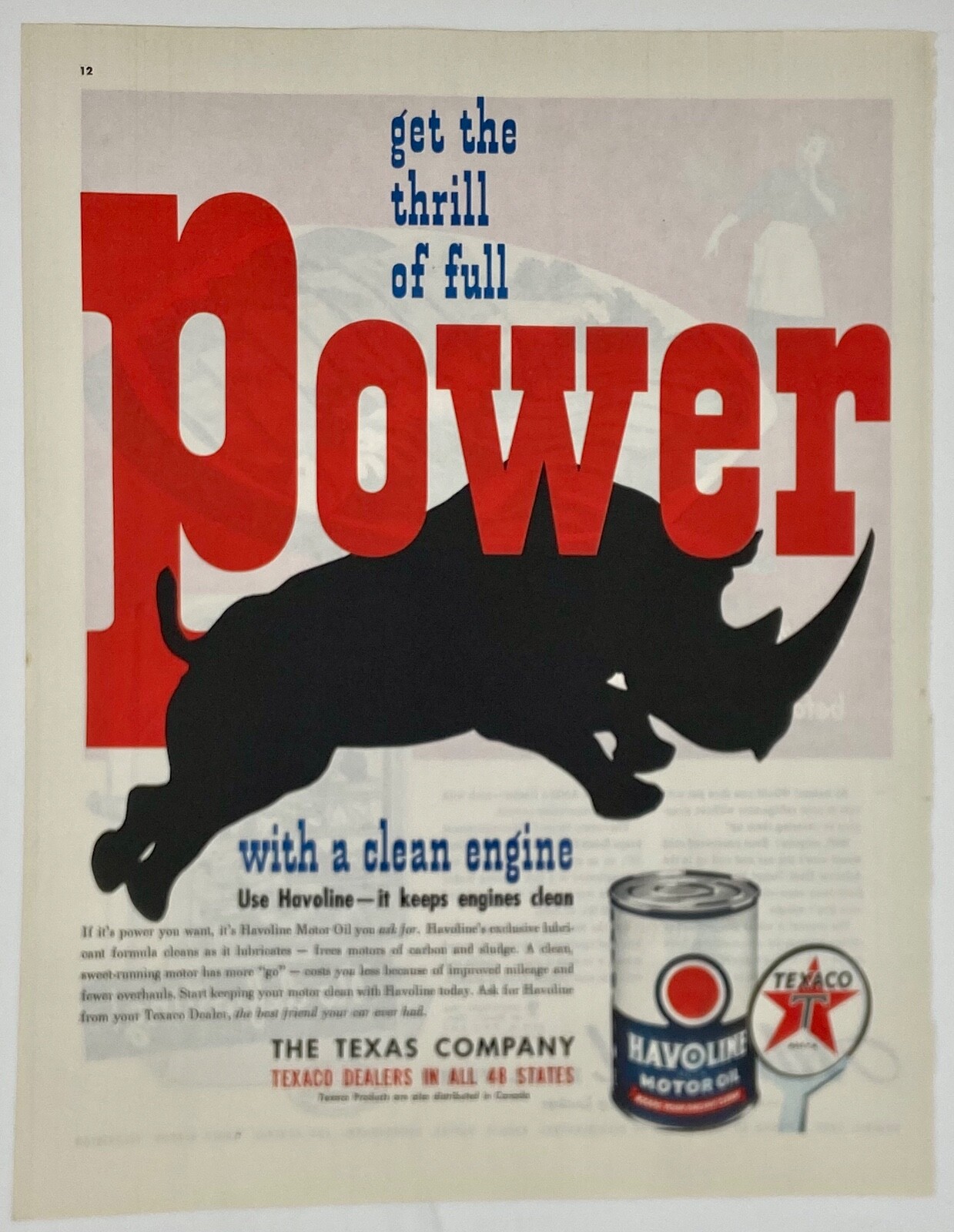 Original 1949 Texaco Ad: Get the Thrill of Full Power with Rhino | eBay