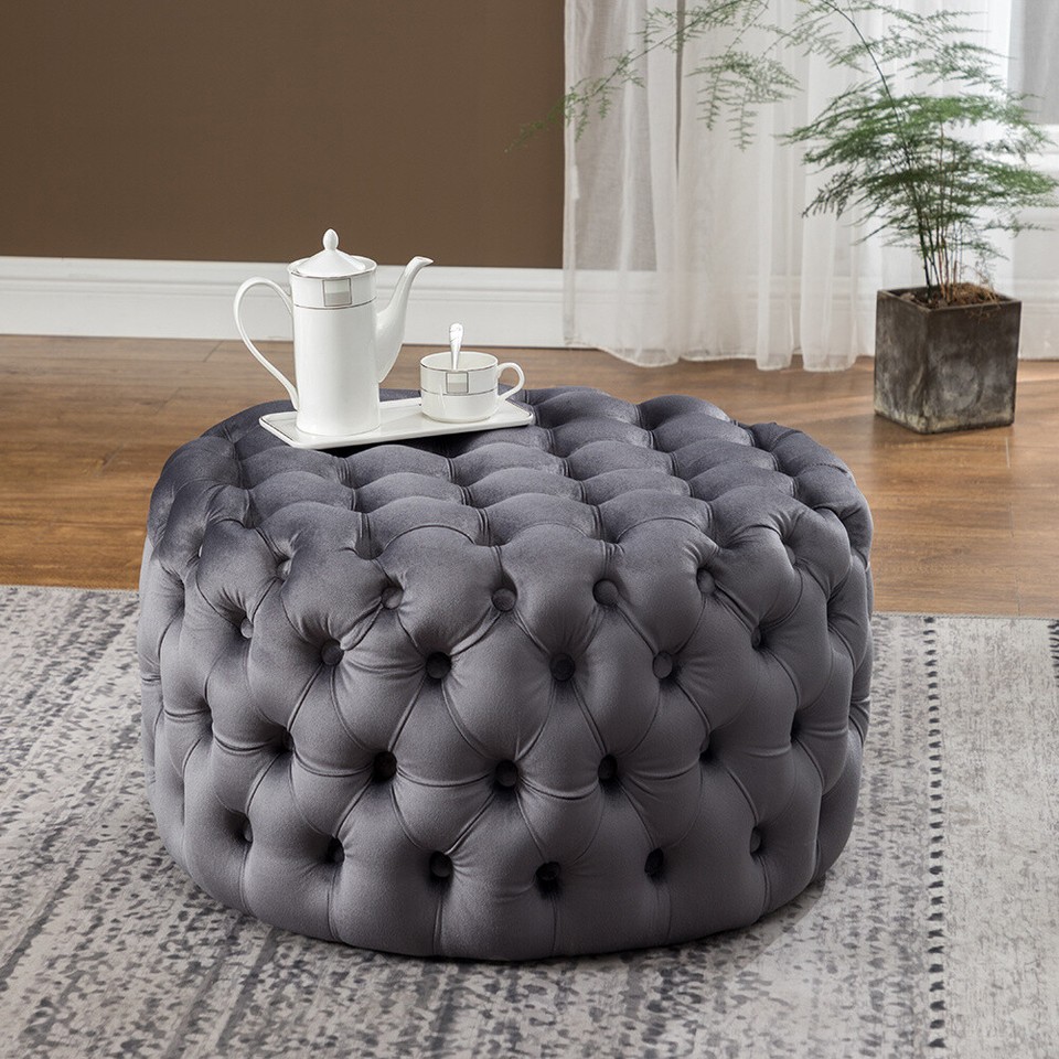 Chesterfield Velvet 70cm Round Footstool Pouffe Ottoman Seat Floor ...