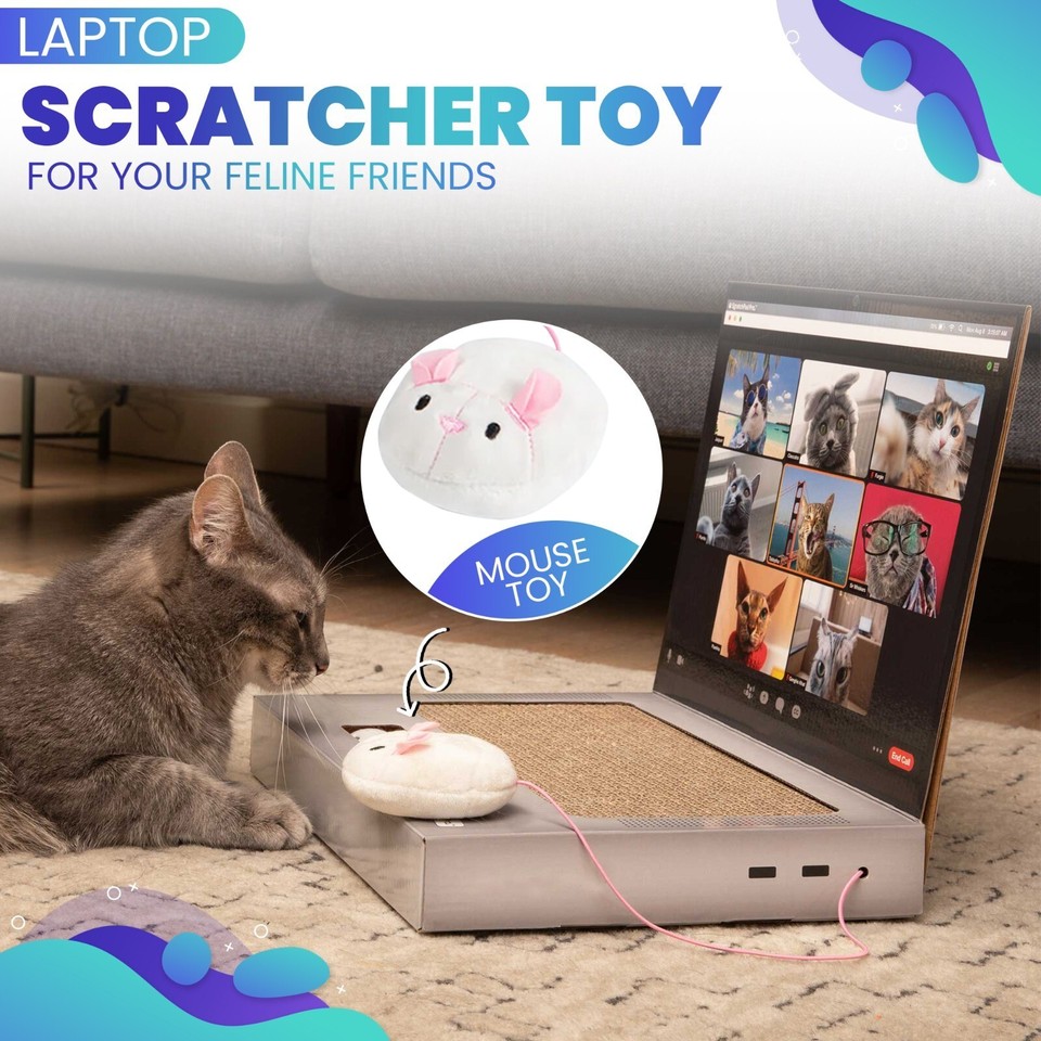 Cardboard Cat Scratcher Laptop with Mouse and Bell Ball - Toy for Cats ...